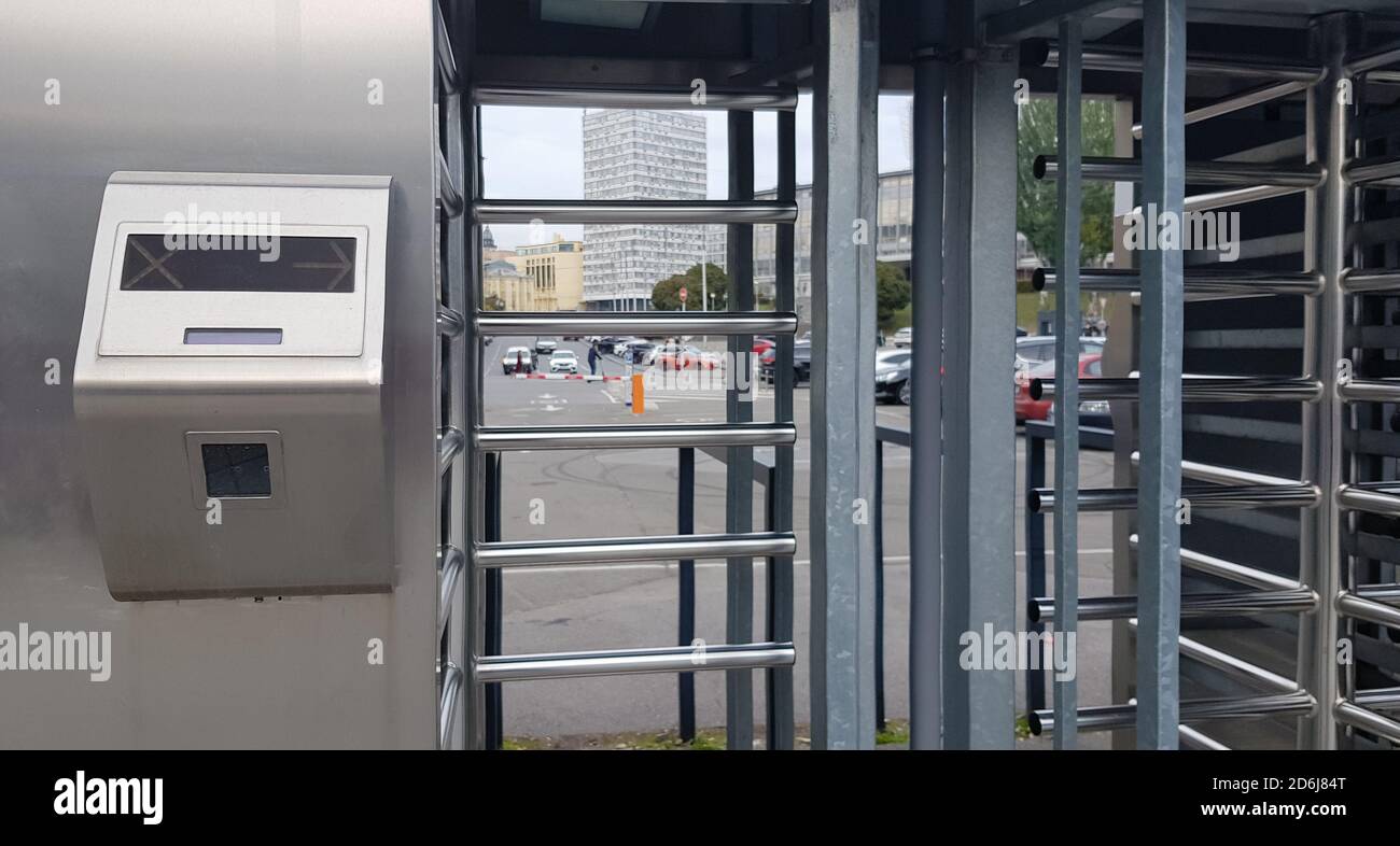 Entrance to the football stadium during the day without people. Secure ...