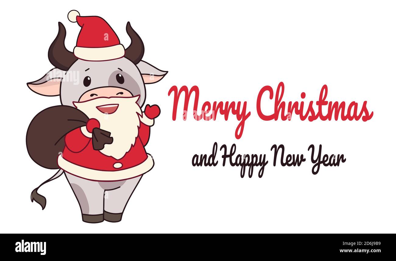 Cute ox wearing Santa costume. Christmas hand drawn vector illustration ...