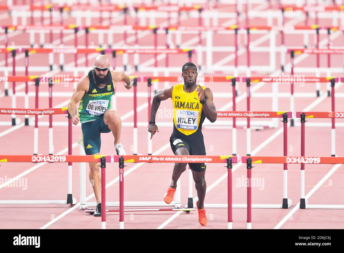 Ruan DeVries (South Africa), Andrew Riley (Jamaica). 110 metres hurdles ...