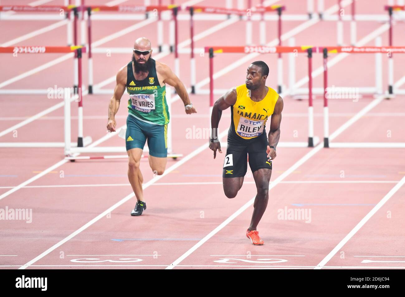 Ruan DeVries (South Africa), Andrew Riley (Jamaica). 110 metres hurdles ...