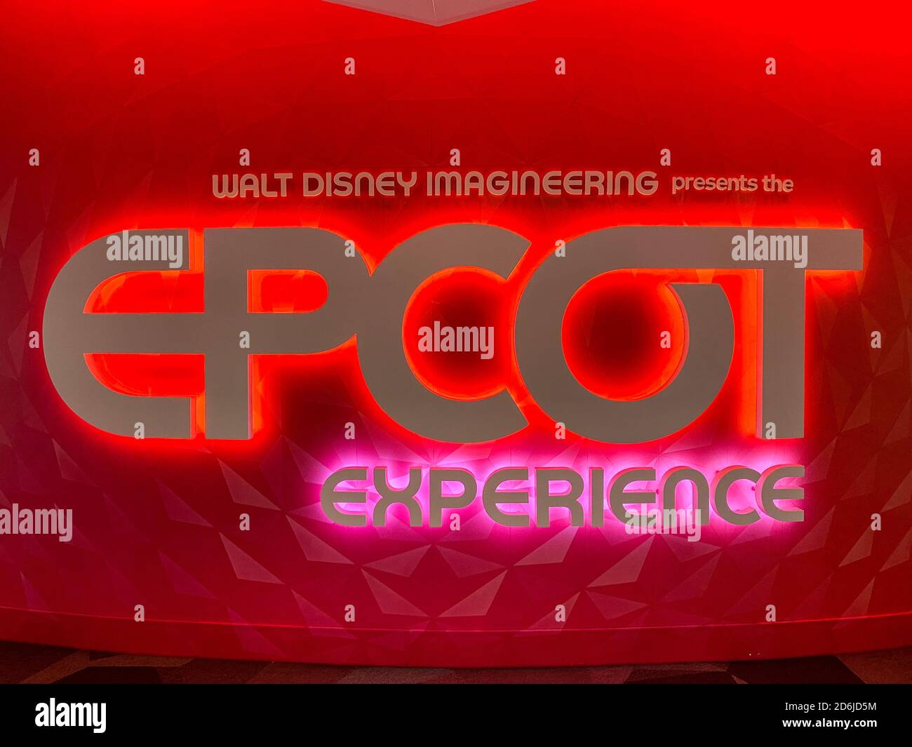 Orlando, FL/USA-10/14/20: The red and pink glowing EPCOT Experience ...