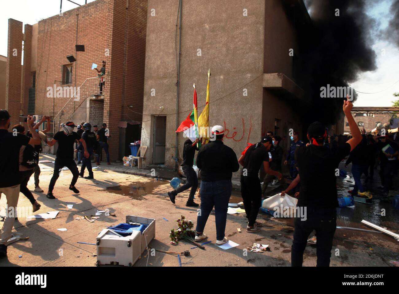 Baghdad. 17th Oct, 2020. Protesters are seen at the headquarters of the ...
