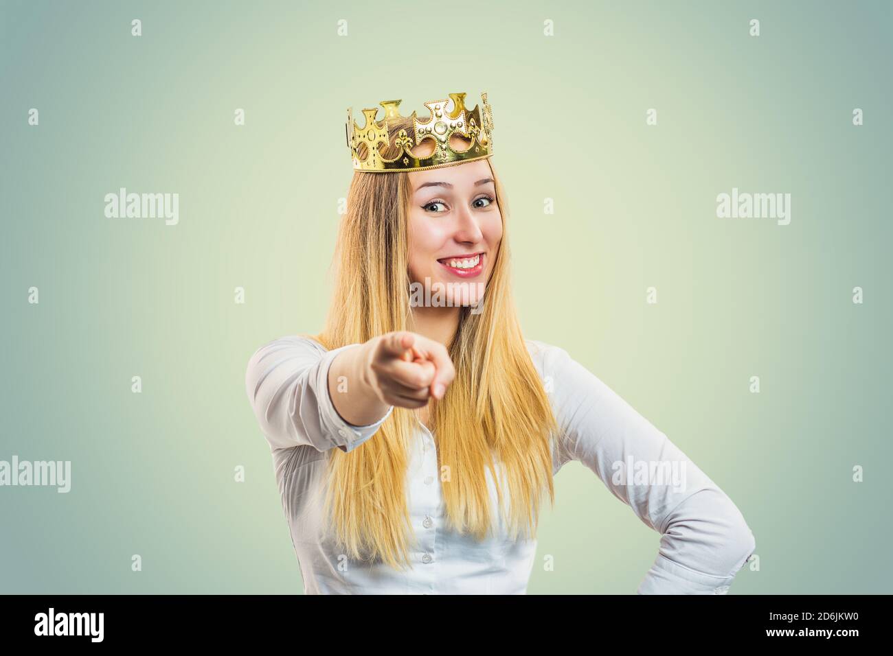 It's you! Portrait happy young girl pointing index finger at you camera ...