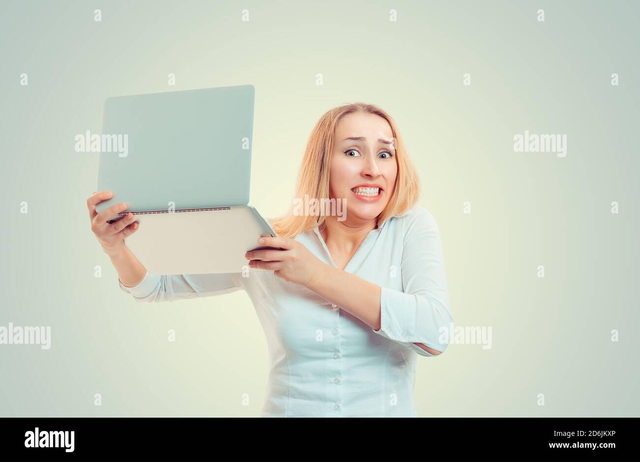 Break down at work. Woman girl white button shirt angry mad furious ...
