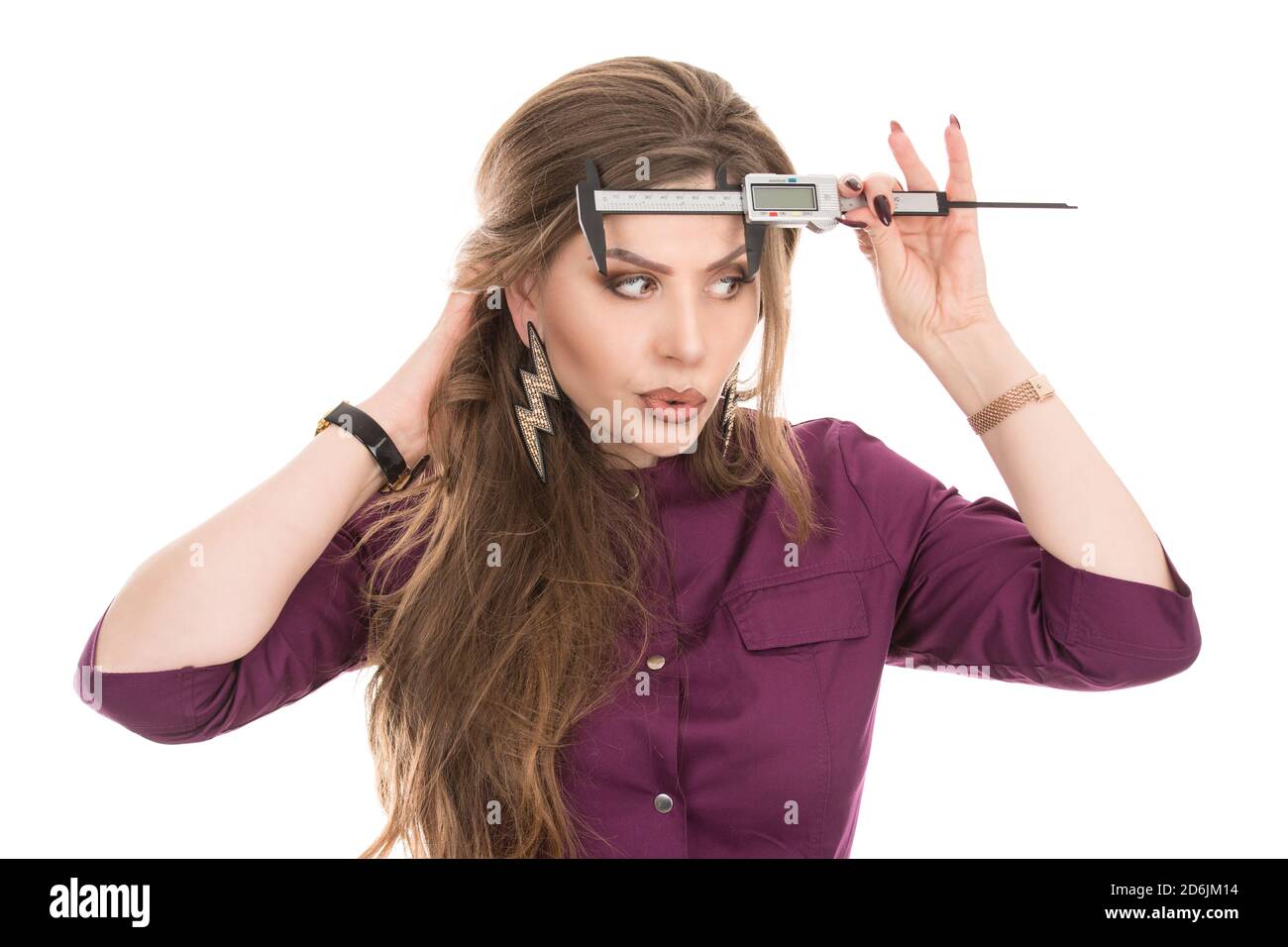 Shocked crazy with shape of eye brows. Stylist woman measuring eyebrows ...