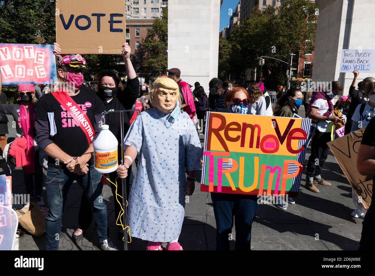 New York, New York, USA. 17th Oct, 2020. Wearing costumes and carrying ...
