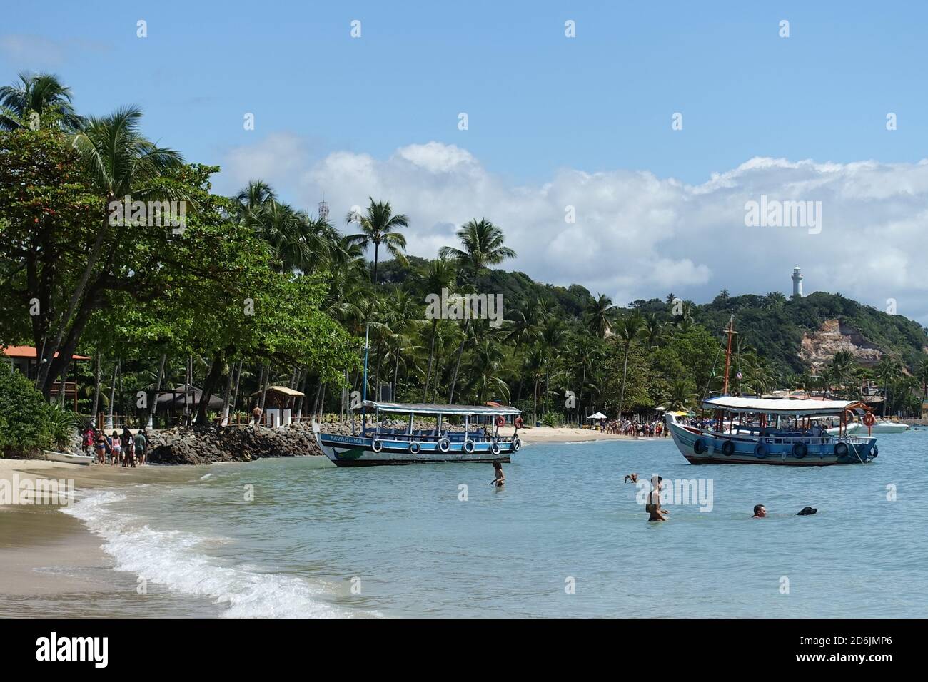 Brazil Morro de Sao Paulo - Coastal landscape view with excursion boats ...