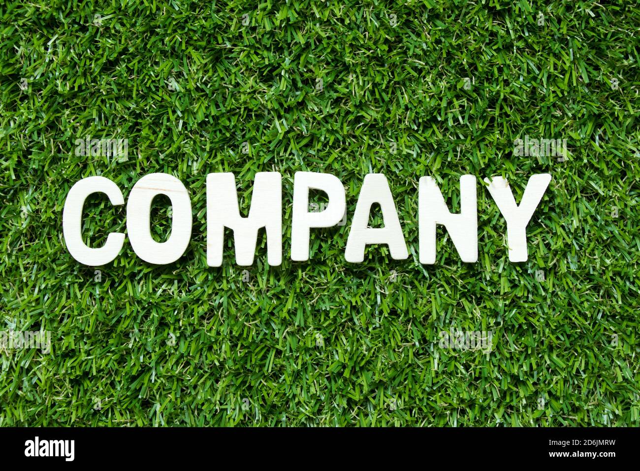 Wood alphabet letter in word company on artificial green grass ...