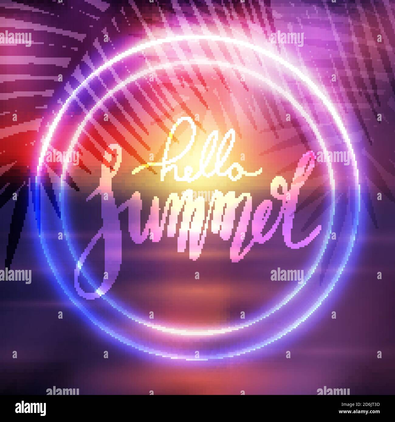 Hello Summer, handwritten lettering with neon circle on blurred sea ...