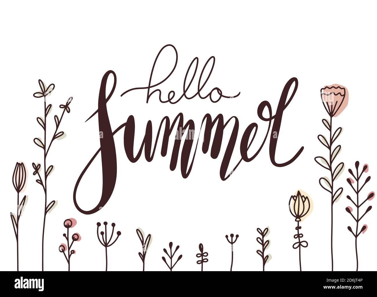 Horizontal card with handwritten Lettering Hello Summer with doodle ...