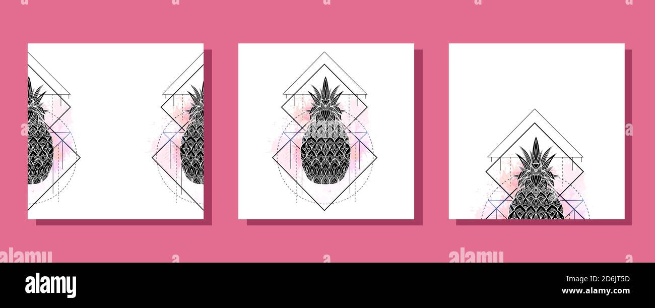 Set of square cards with mystical illustration of a pineapple with a ...