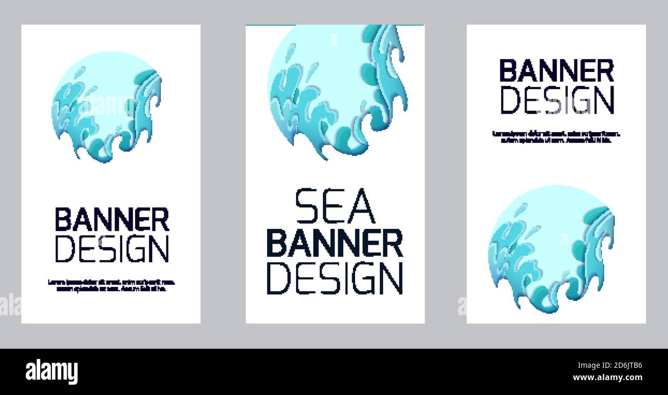 Set of vertical banner with violent sea waves cut out of paper. Card ...