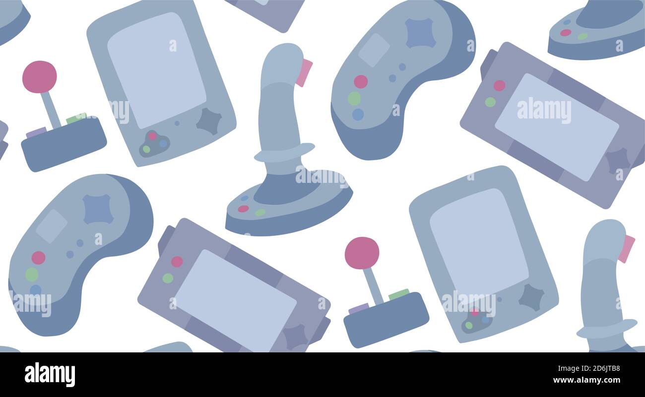 Seamless pattern with flat illustrations of various joysticks and game consoles on white ...