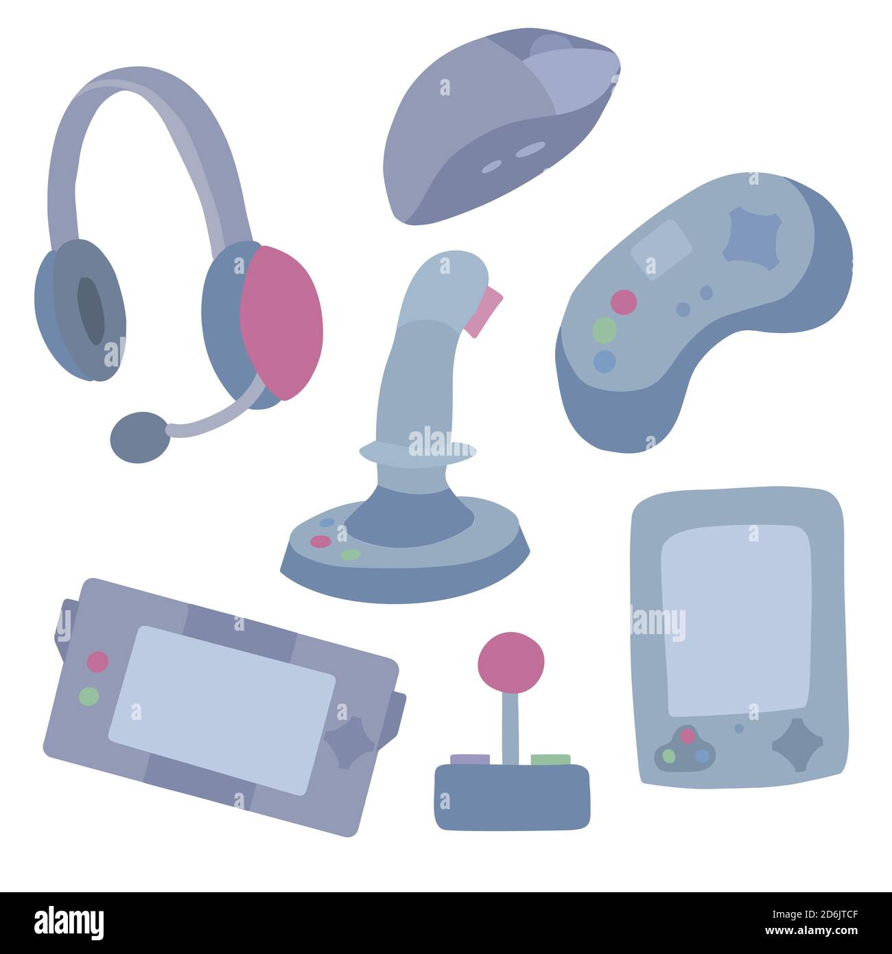 Set of flat illustrations of various joysticks and game consoles ...