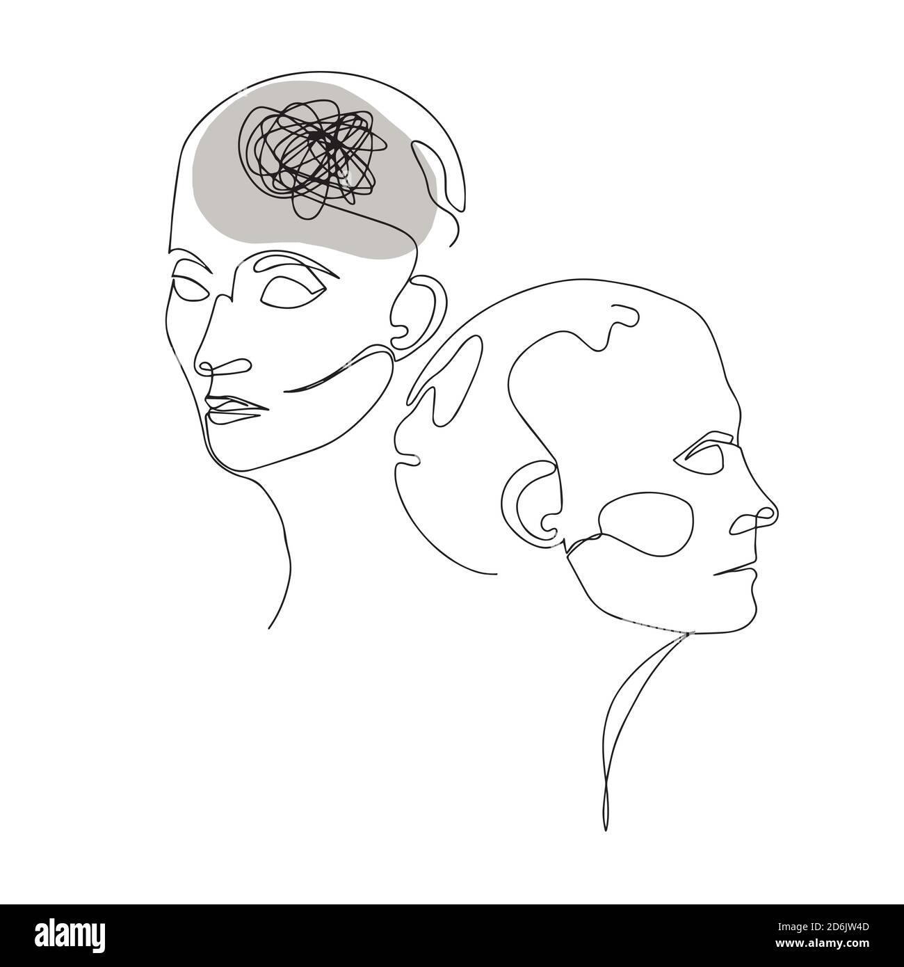 Line Drawing of Two Human Heads With Confused Thoughts In One Brain ...