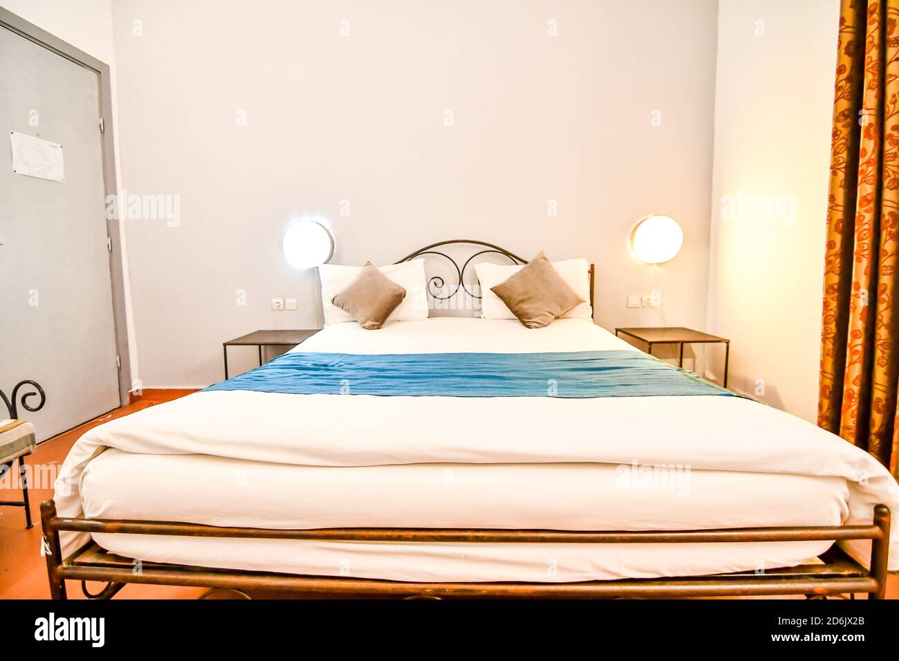 bed in bedroom, photo as background Stock Photo - Alamy