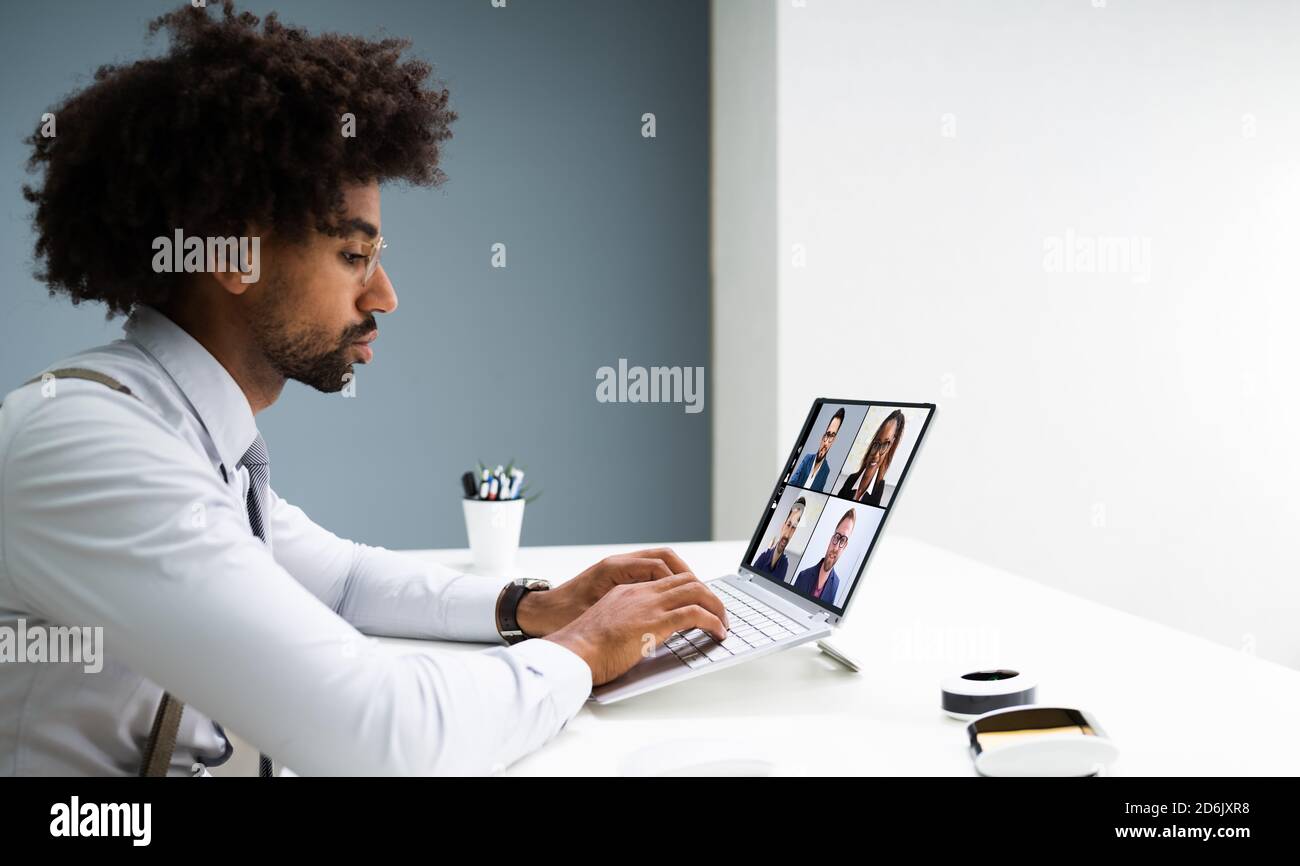 Video Conference Business Call. African Conferencing On Laptop Computer ...