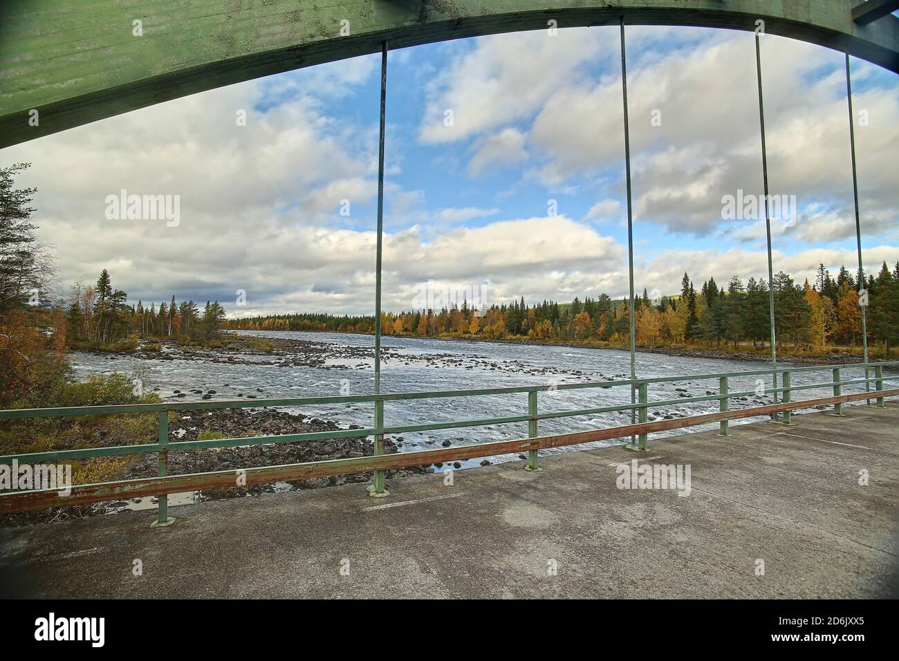 View from old bridge crossing Pite river at Ljusselforsen in Lapland ...