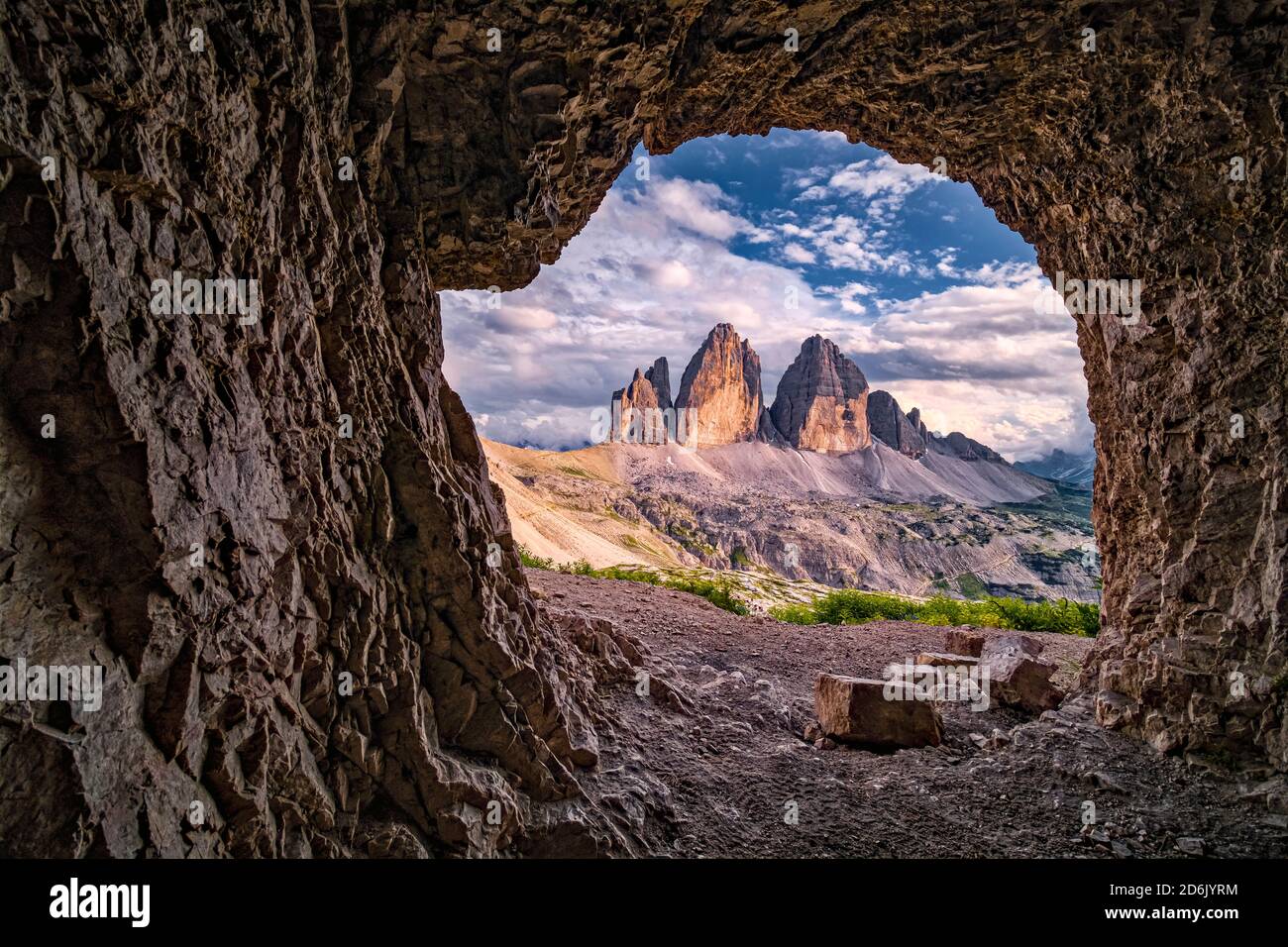 The north faces of the mountain group Tre Cime di Lavaredo, seen from a ...