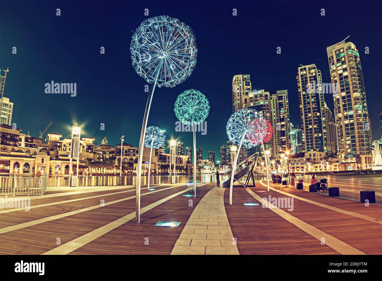 Night urban street of Dubai, UAE with flower colorful lanterns Stock ...