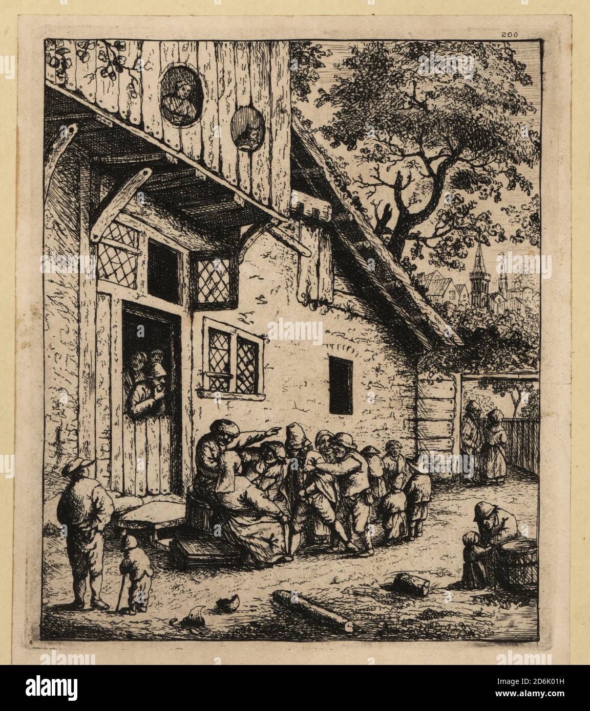 17th century Dutch peasants outside a large farmhouse. A man seated on ...