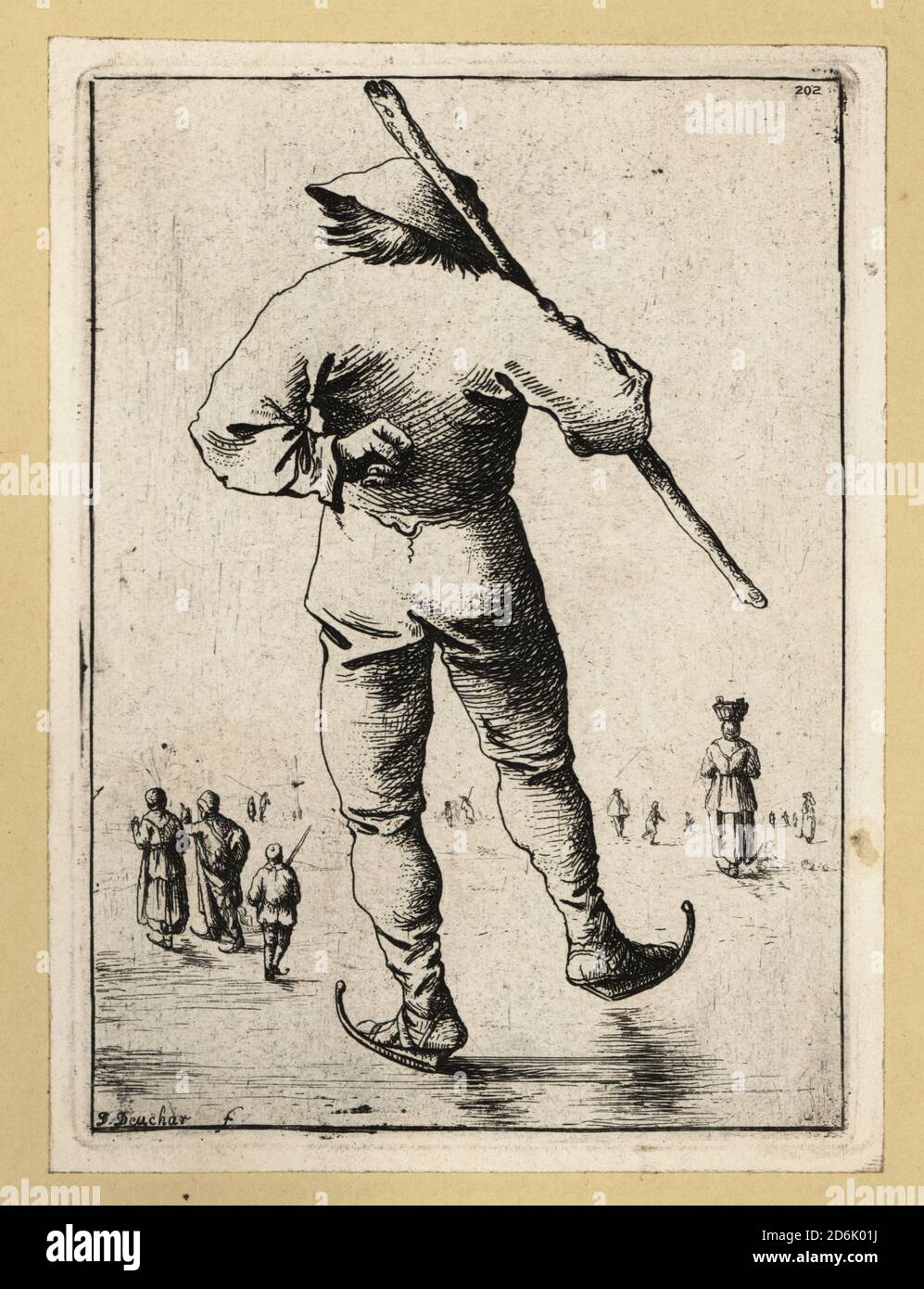 Dutch man skating on a frozen river on ice skates with hat and staff ...