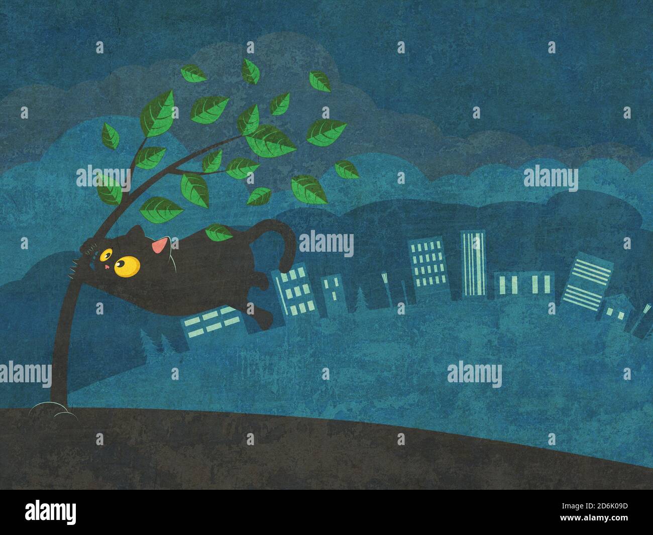 Cartoon tree and black cat in the storm and distant city, windy weather ...