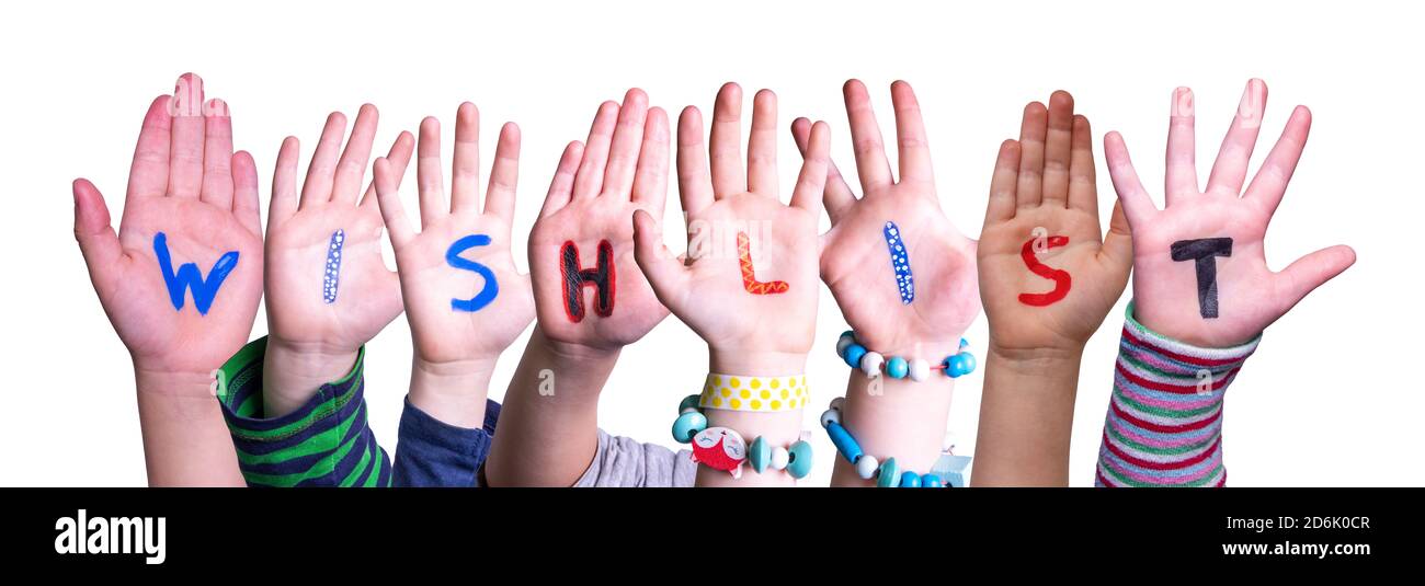Children Hands Building Word Wishlist, White Background Stock Photo - Alamy