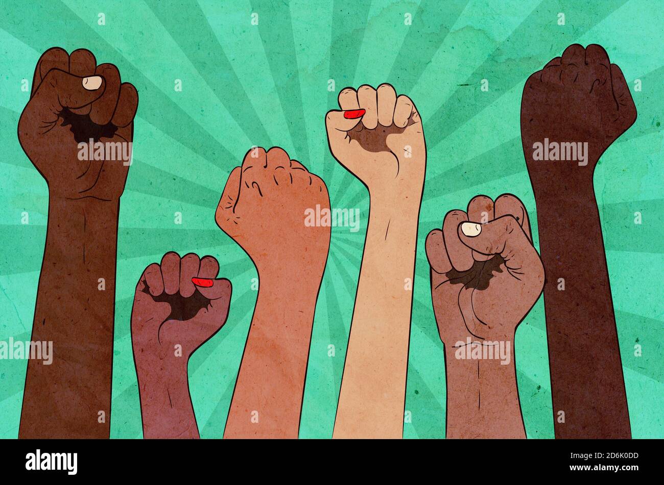 Protest concept banner, raised up fists in different skin color ...
