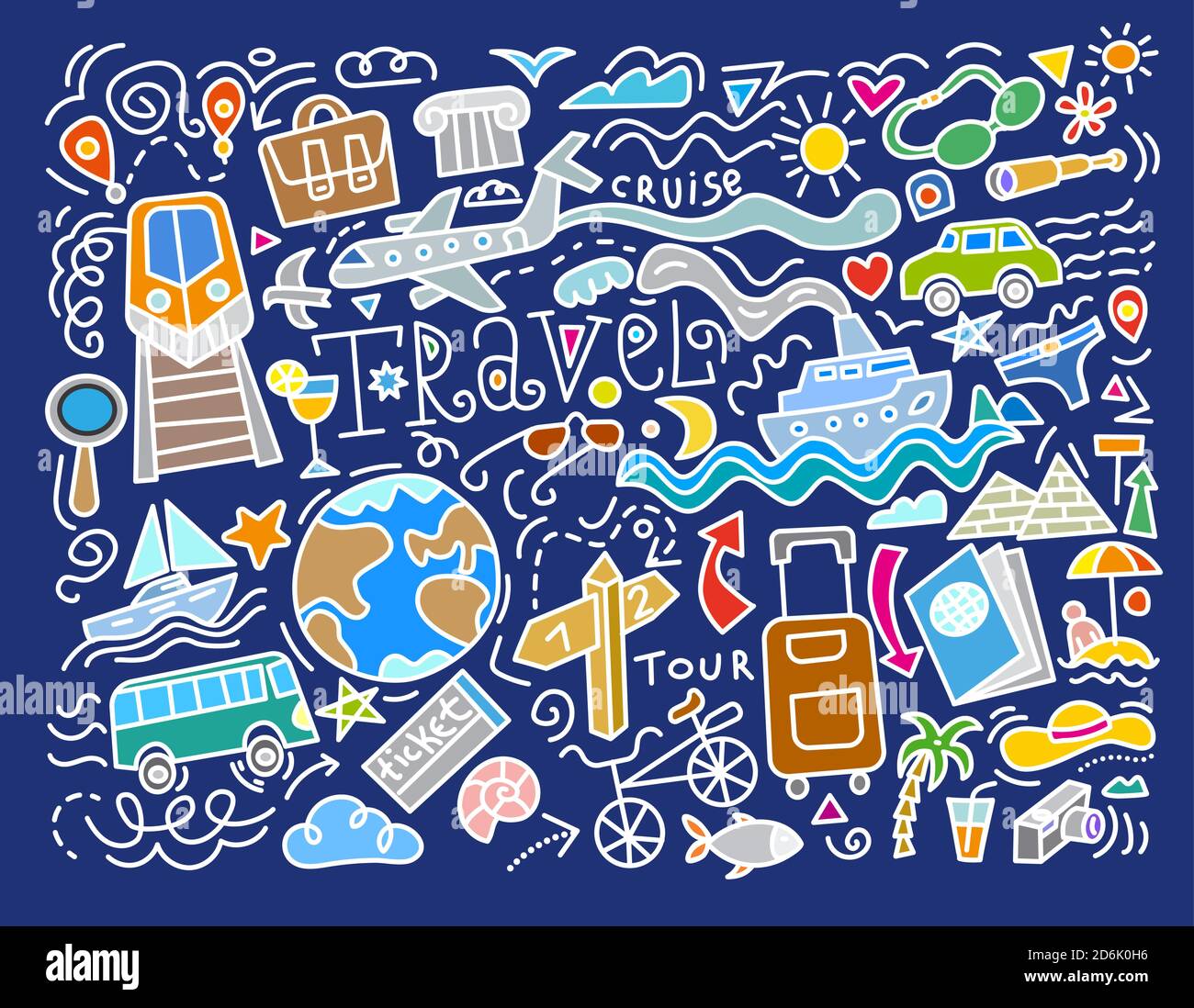 travel color background and doodles with a black outlines Stock Vector ...