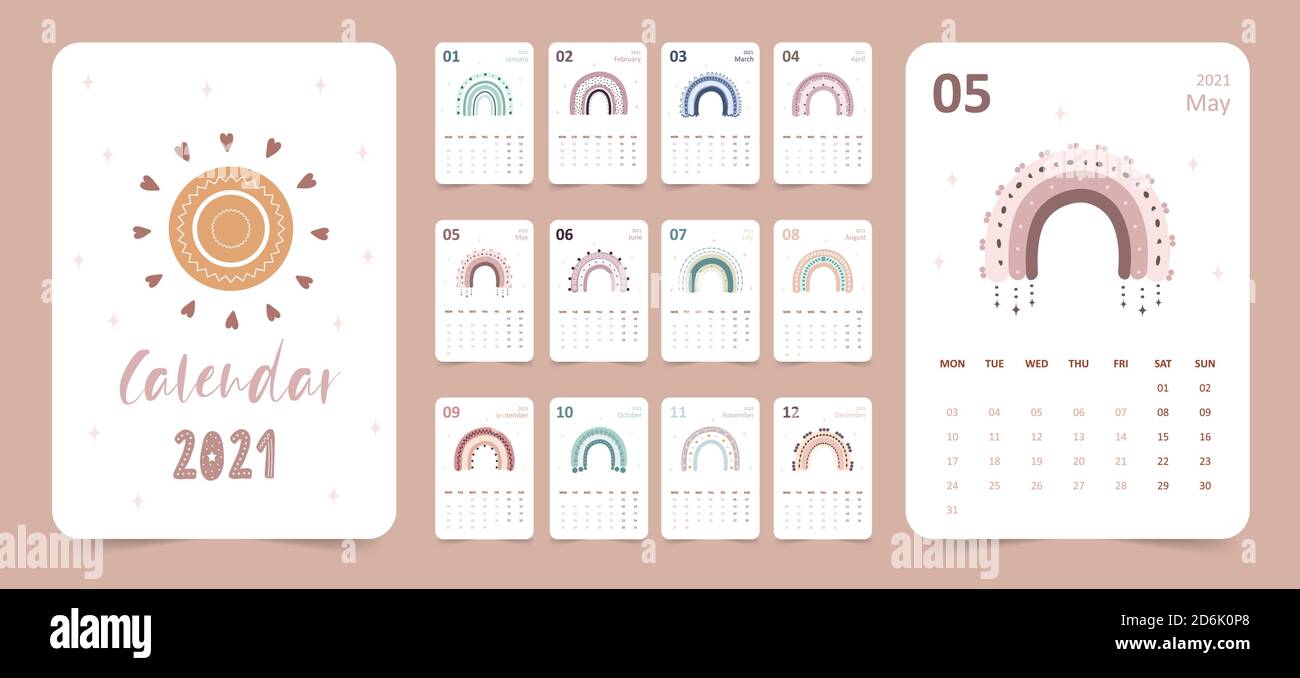 Cute calendar 2021 with boho rainbow for children. Cartoon vector ...