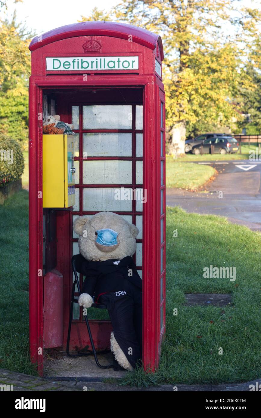 Defibrillator and a teddy bear in a surgical mask sat in a telephone ...