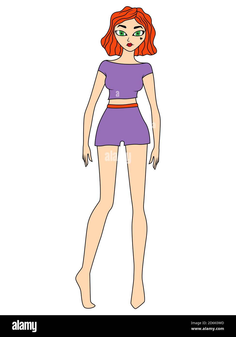 Beautiful cartoon girl in violet clothes and with orange hair, vector ...