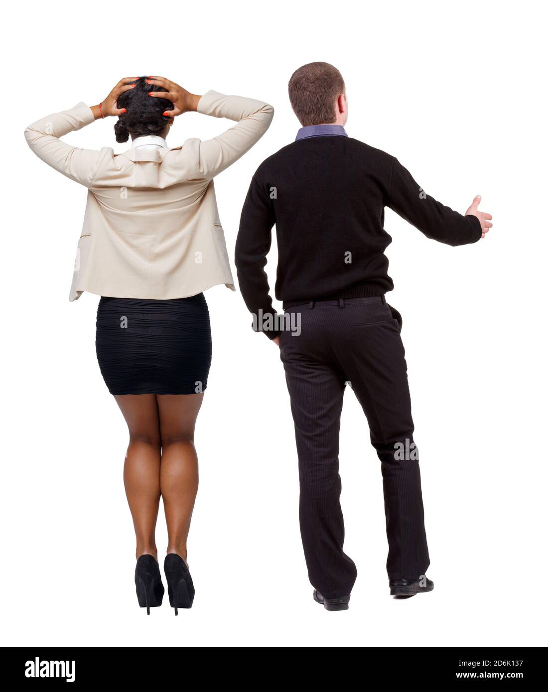 Back view of business woman and business man in suit. Business team ...
