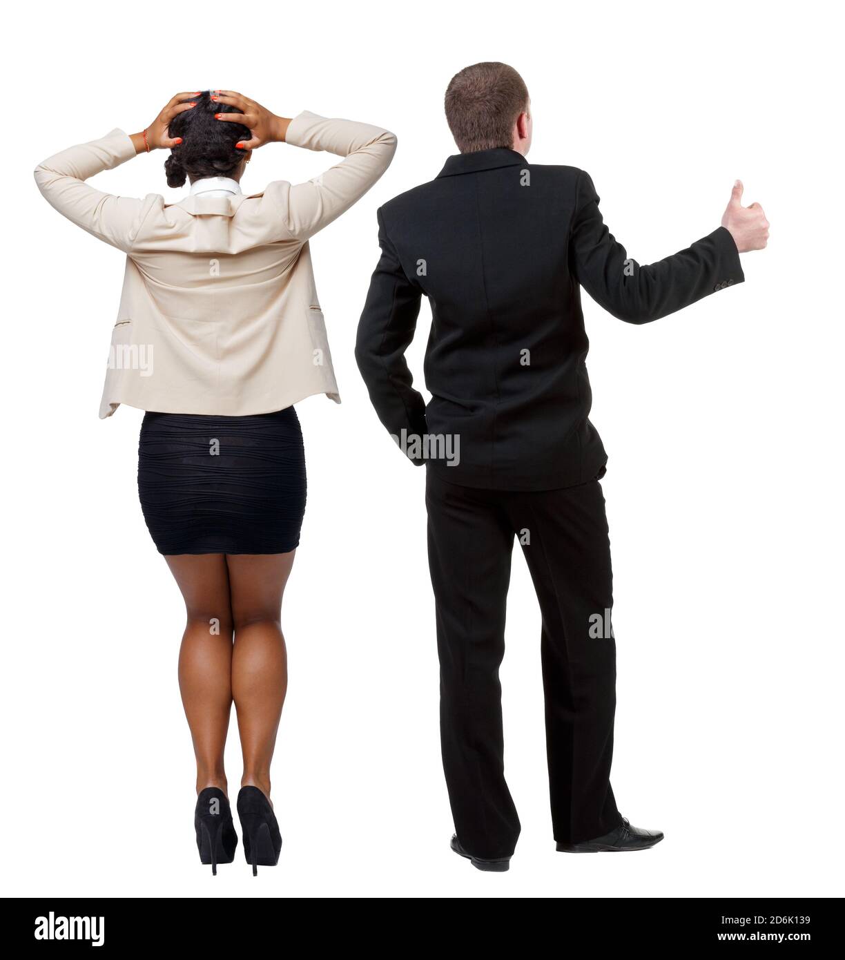 Back view of business couple in suit showing thumbs up. businessman and ...