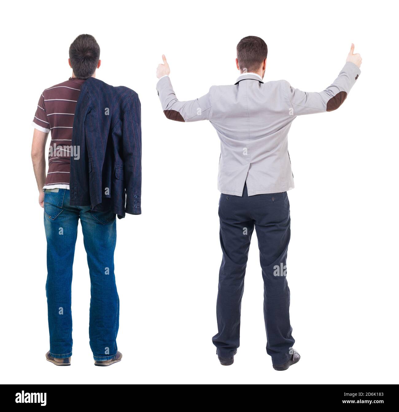 Back view two business man in suit showing thumb up. Business team ...