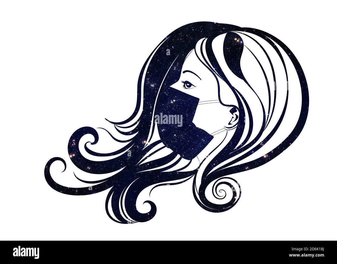 Female portrait in profile with disposable face mask with starfield ...