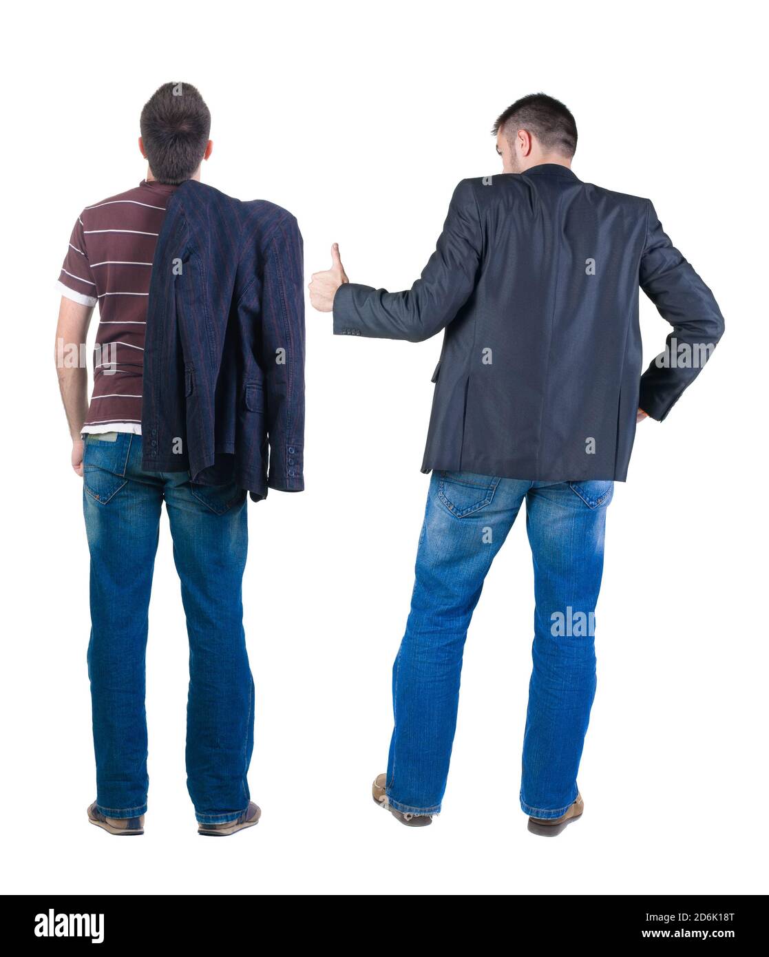 Back view two business man in suit showing thumb up. Business team ...
