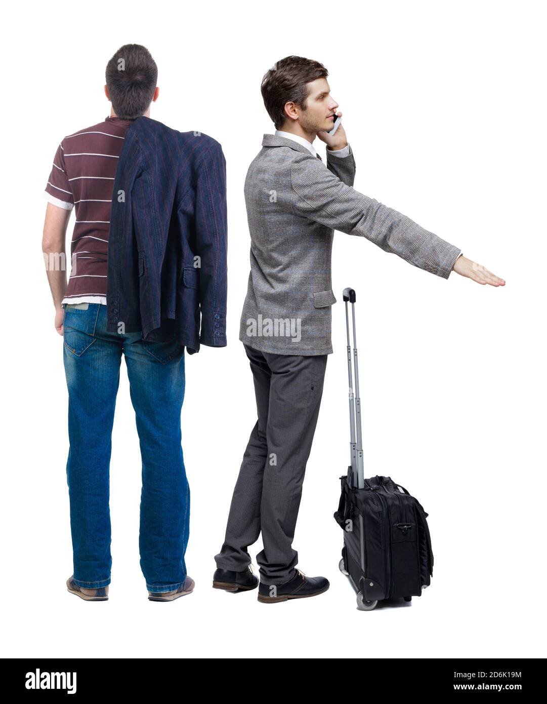 Back view of two business man in suit with mobile phone. Business team ...