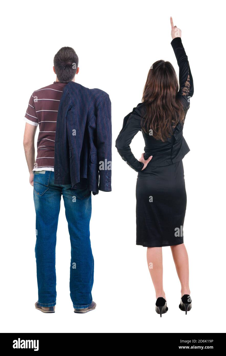 Back view of business man and business woman in suit pointing. Business ...