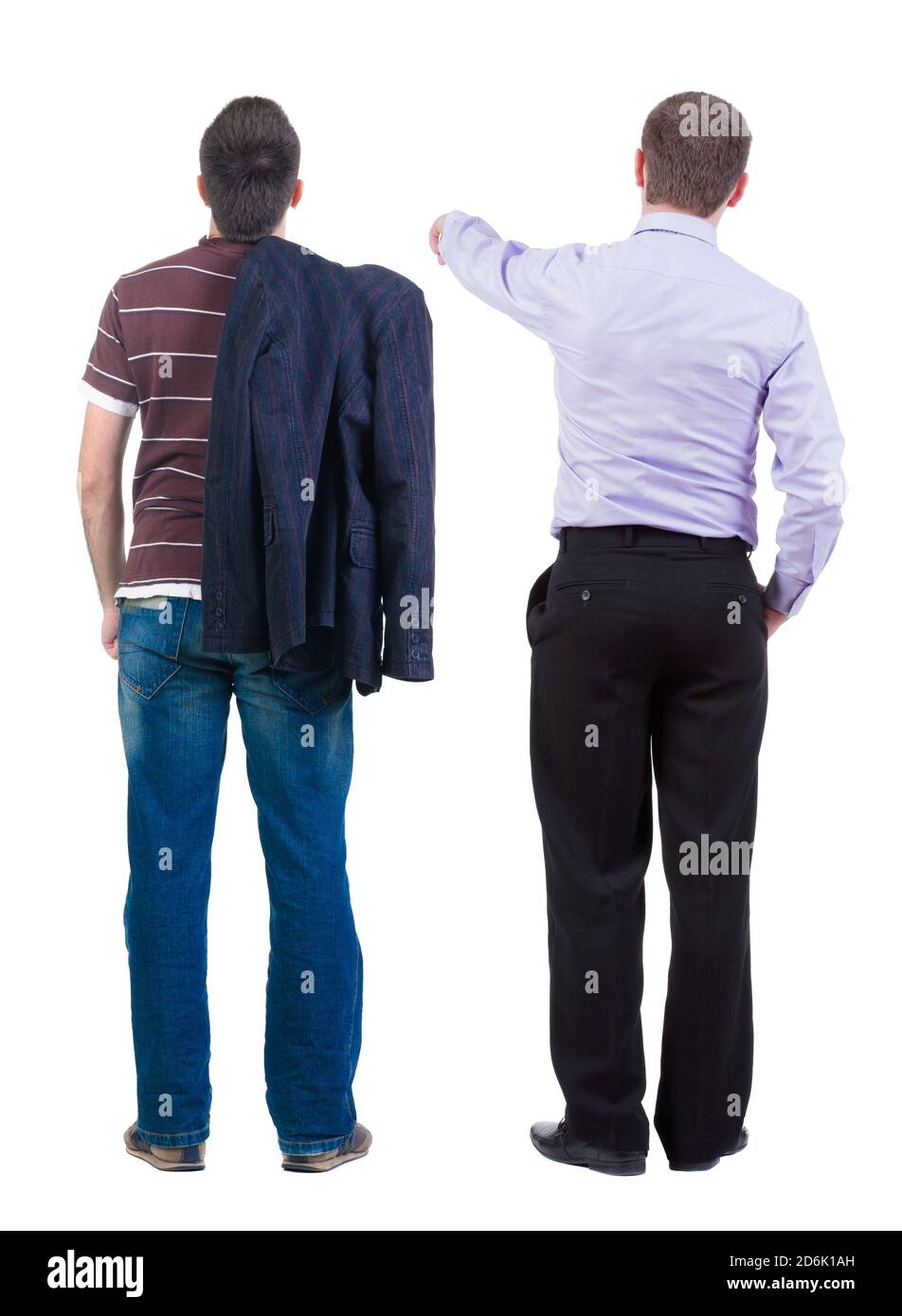 Back view of business man and business woman in suit pointing. Business ...