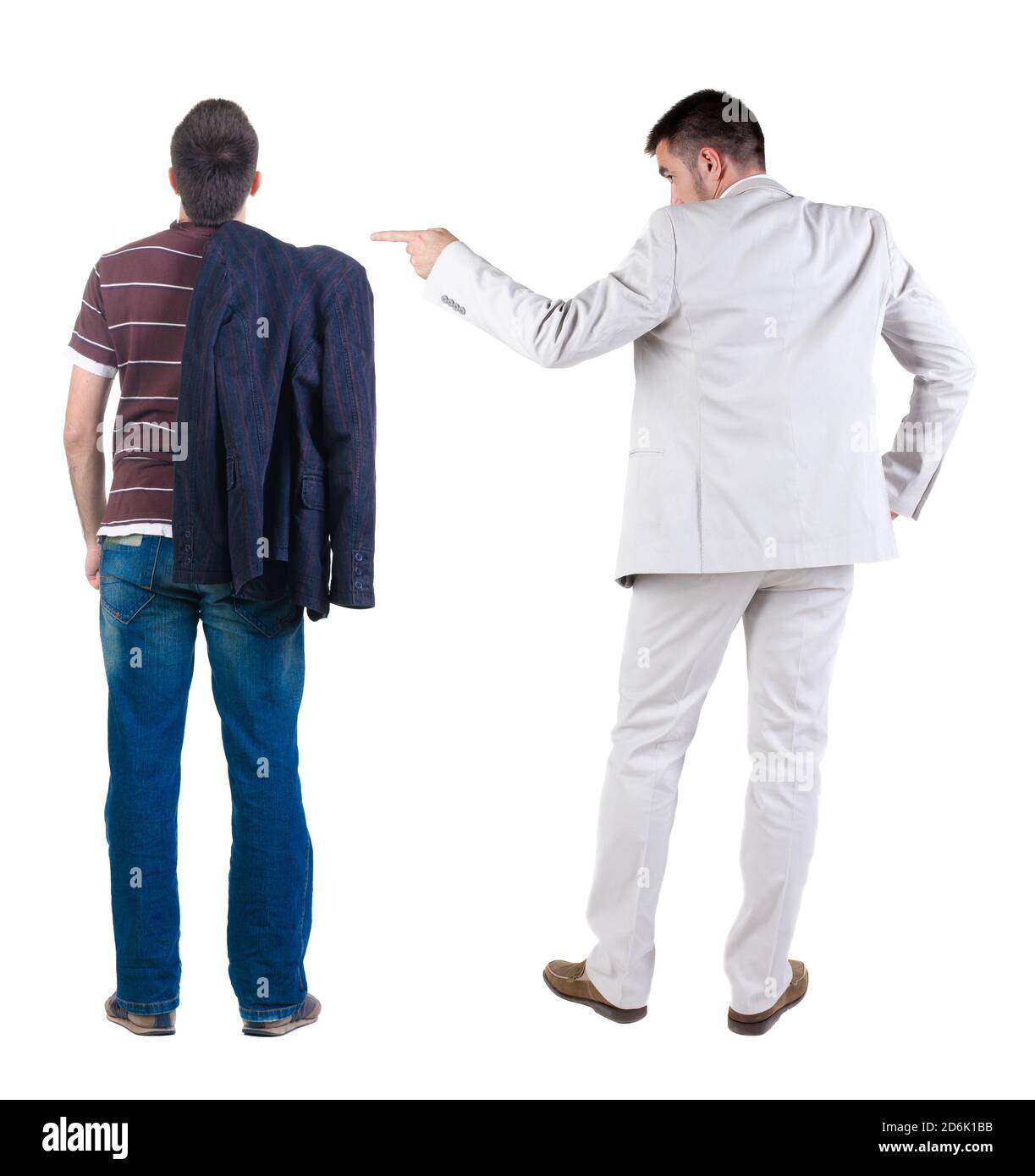 Back view of business man and business woman in suit pointing. Business ...