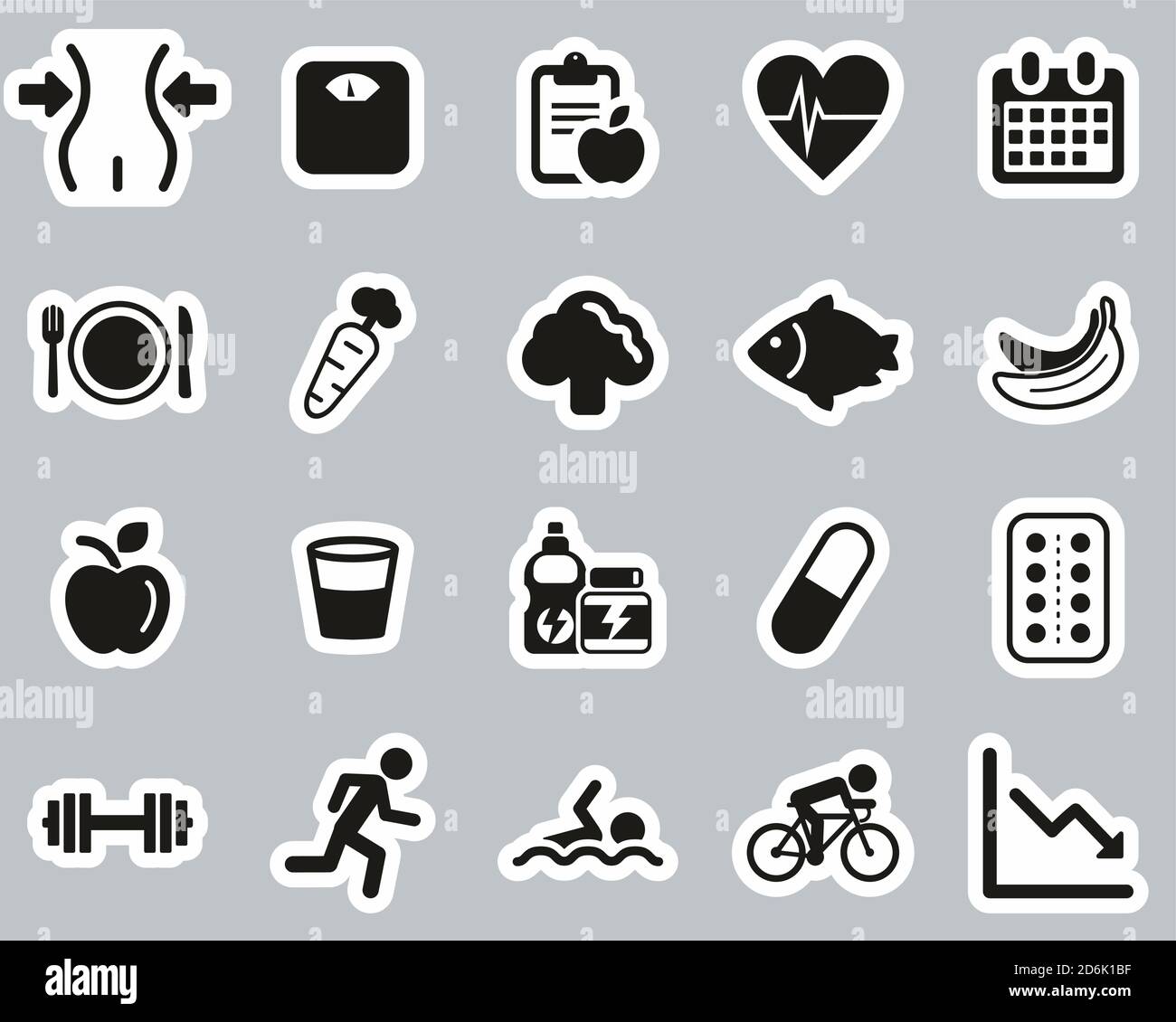 Diet or Weight Watch Icons Black & White Sticker Set Big Stock Vector ...