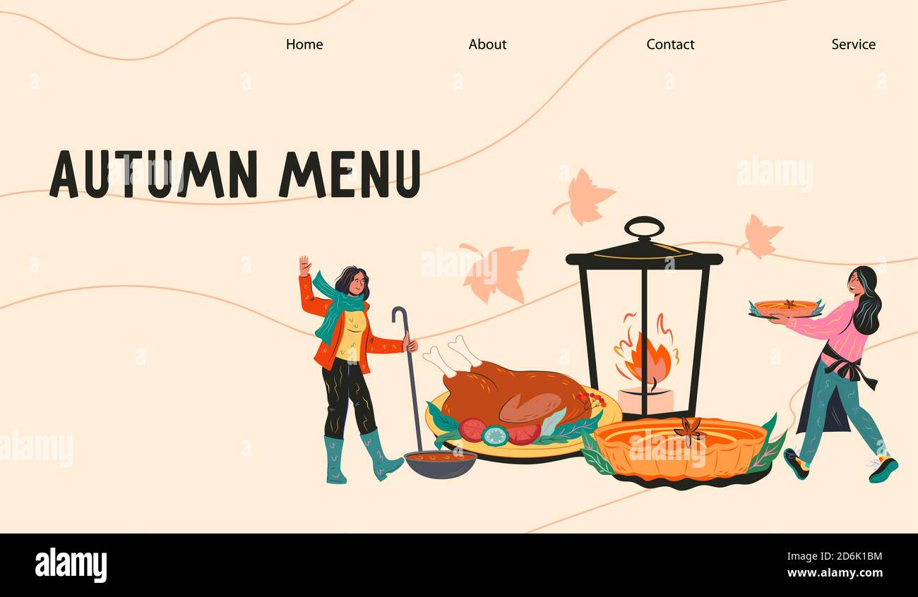 Autumn menu web banner with cooks preparing dishes, flat vector ...