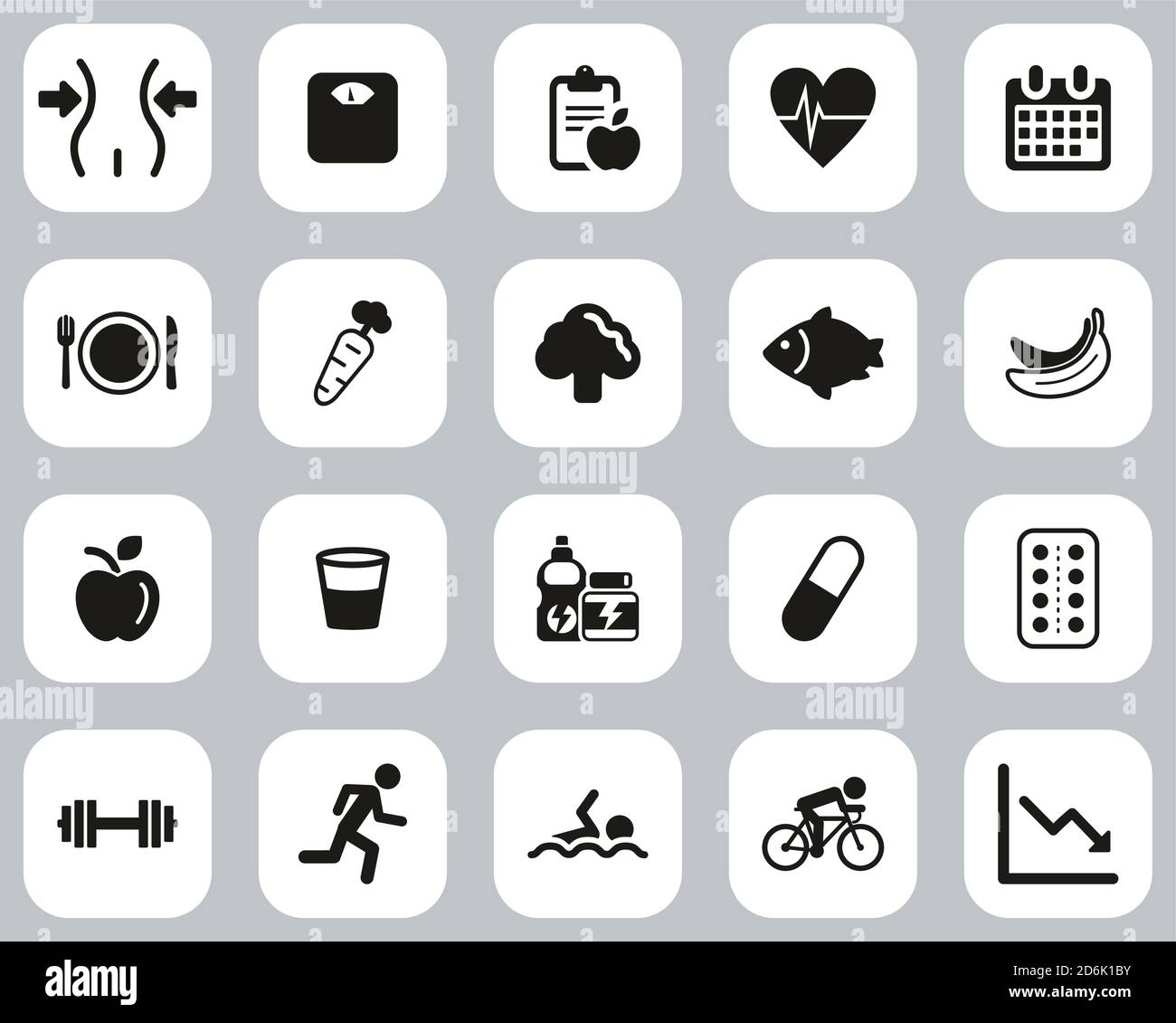 Diet or Weight Watch Icons Black & White Flat Design Set Big Stock ...