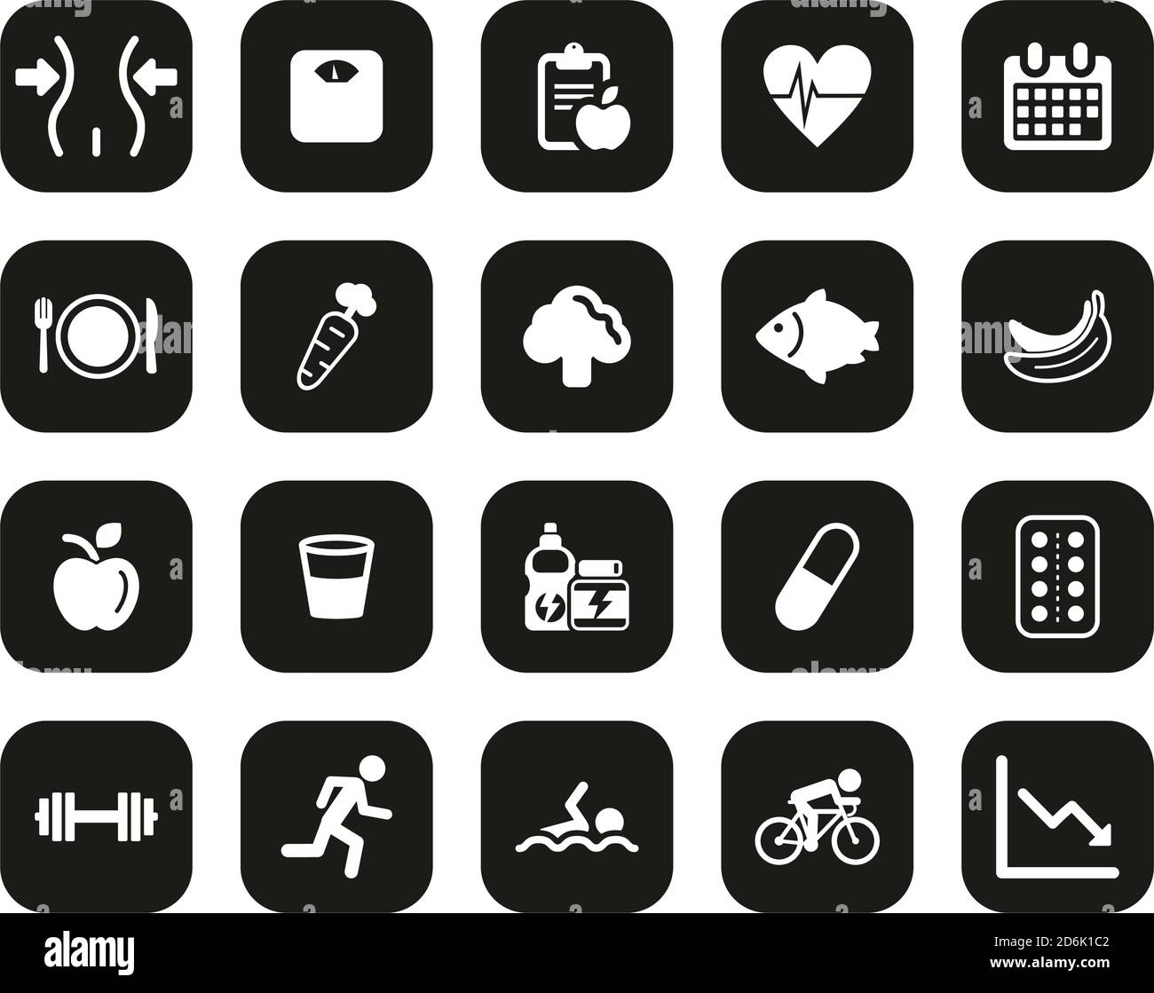 Diet or Weight Watch Icons White On Black Flat Design Set Big Stock ...