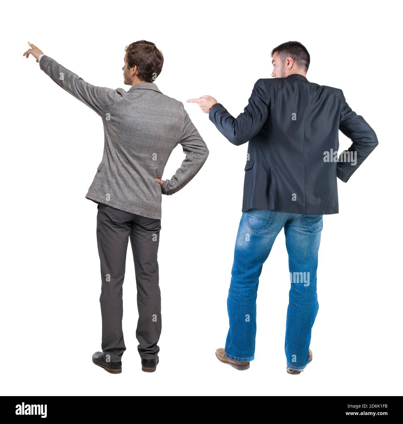 Back view of business man and business woman in suit pointing. Business ...