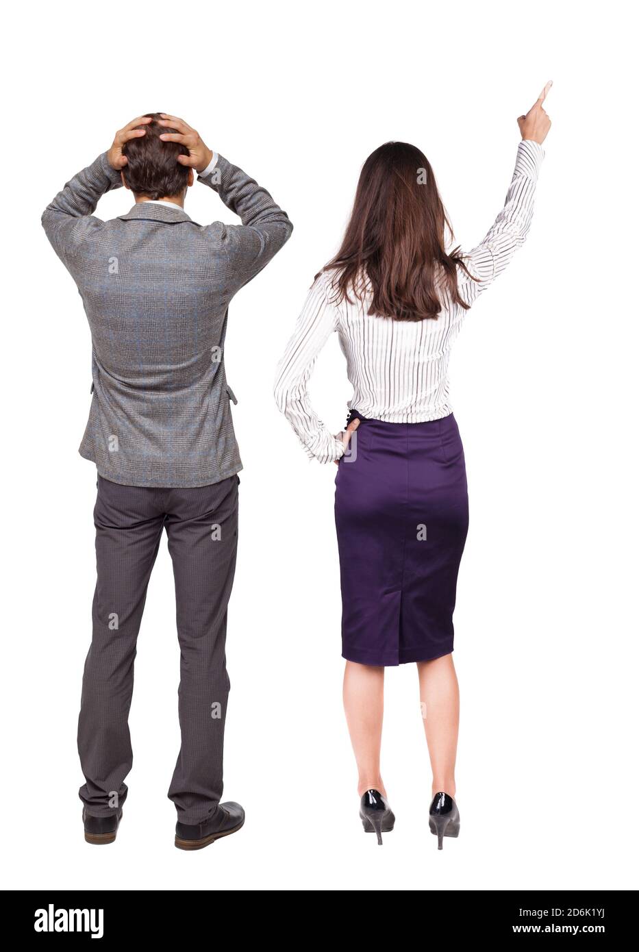Back view of business man and business woman in suit pointing. Business ...