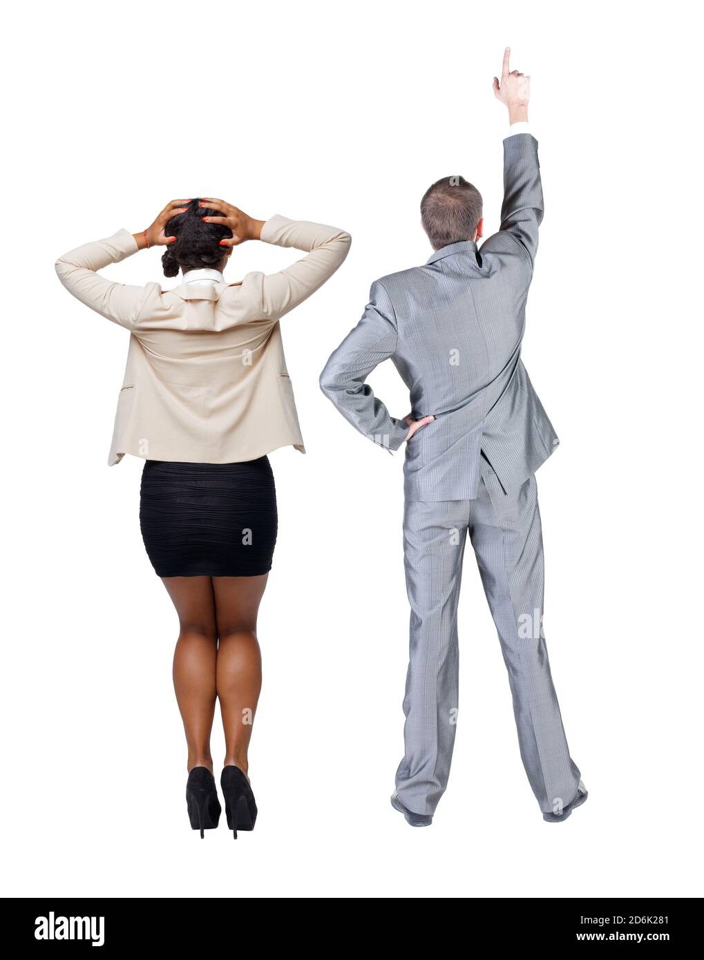 Back view of business man and business woman in suit pointing. Business ...