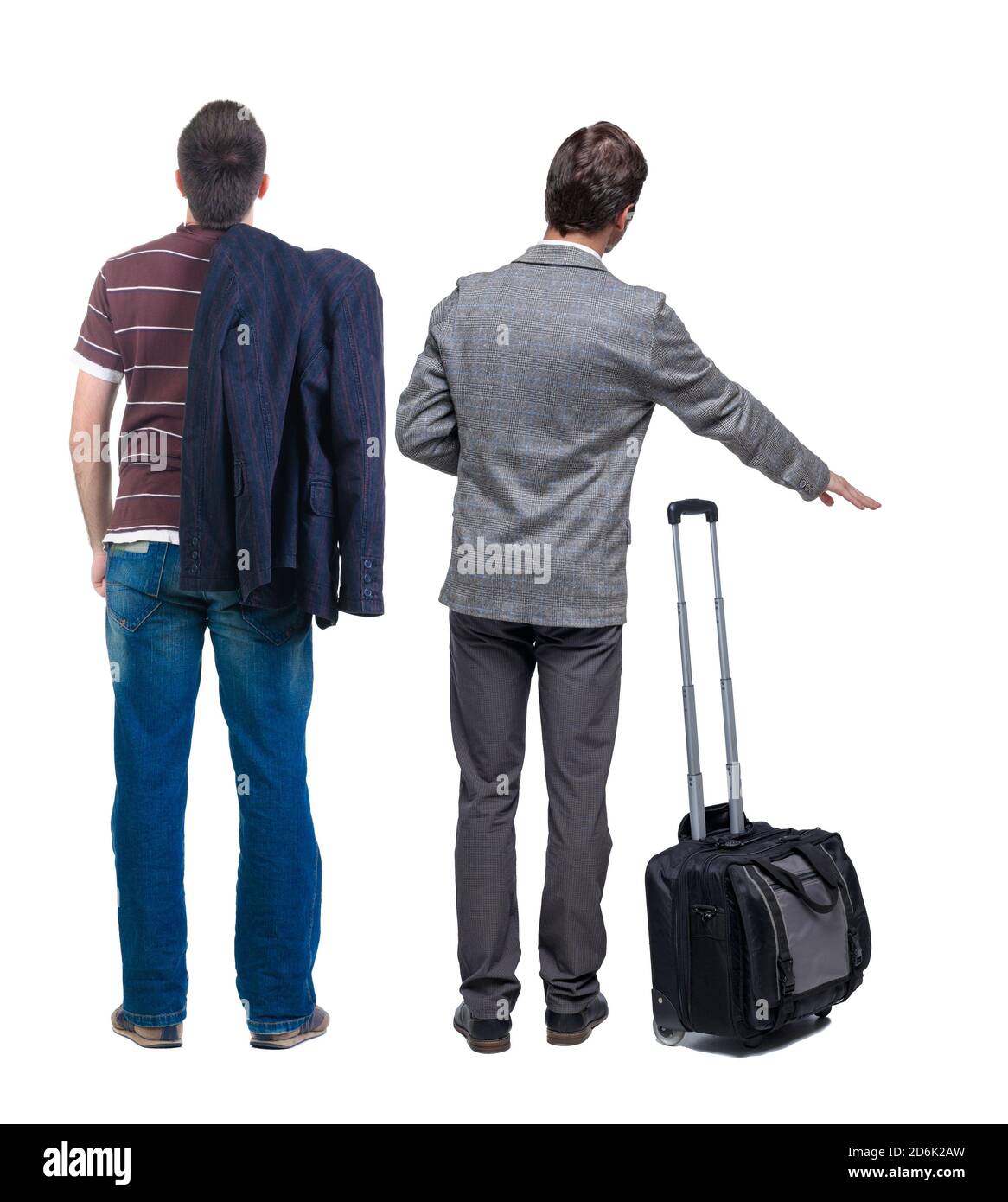 Back view of two business men in suit pointing. Business team ...